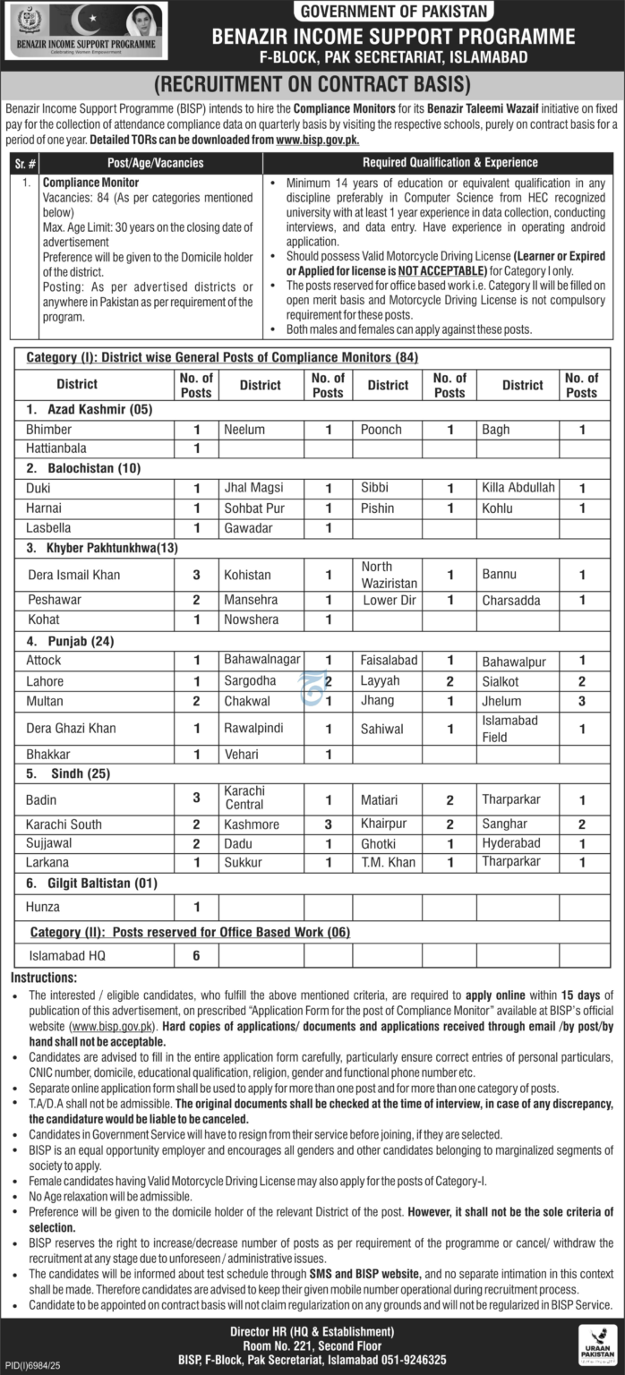 BISP Jobs 2026 – 84+ BISP Compliance Monitor Jobs Across Pakistan ...
