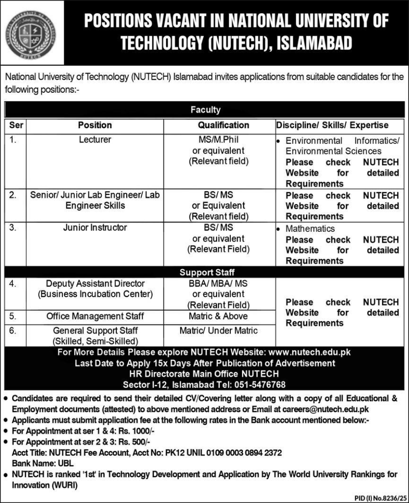 NUTECH Islamabad Jobs 2026: Apply For Faculty & Staff Positions ...