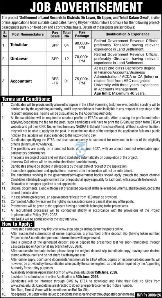 ETEA Jobs 2026 | Land Records Settlement Project KP | Apply Online ...
