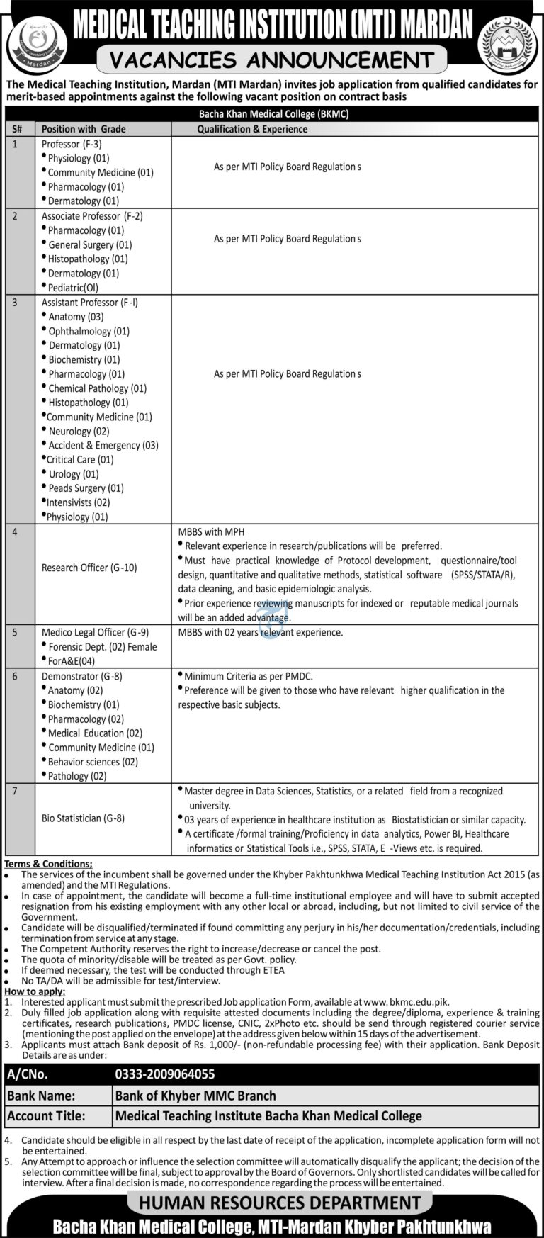 MTI Mardan Jobs 2026 – Bacha Khan Medical College Vacancies ...
